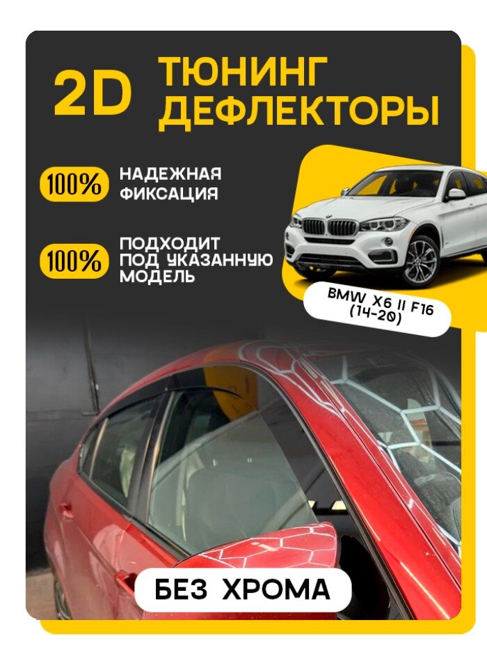 Дефлекторы окон плоские для BMW X6 F16 (2014-2020) ветровики БМВ Х6 Ф16, черные, комплект 6 шт.