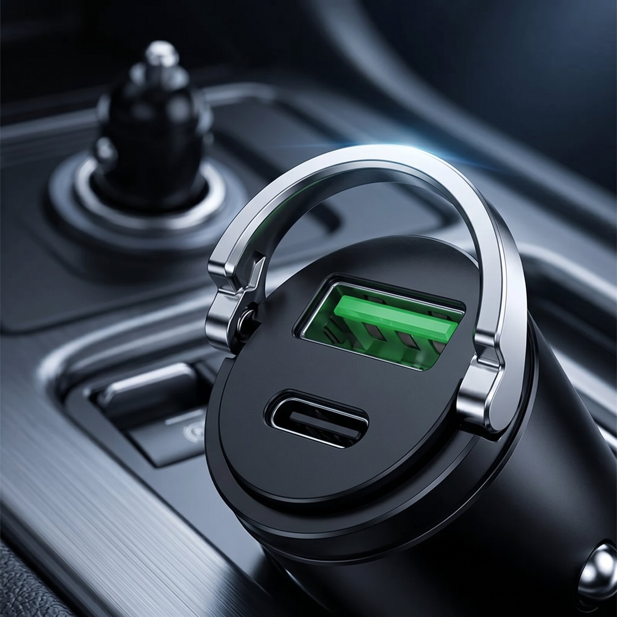 Многофункциональное скрытое автомобильное зарядное устройство USB+Type-C с металлическим кольцом, PD 3.0 быстрая зарядка, два порта, совместимо с iPhone 17, универсальное 12-36В, черный