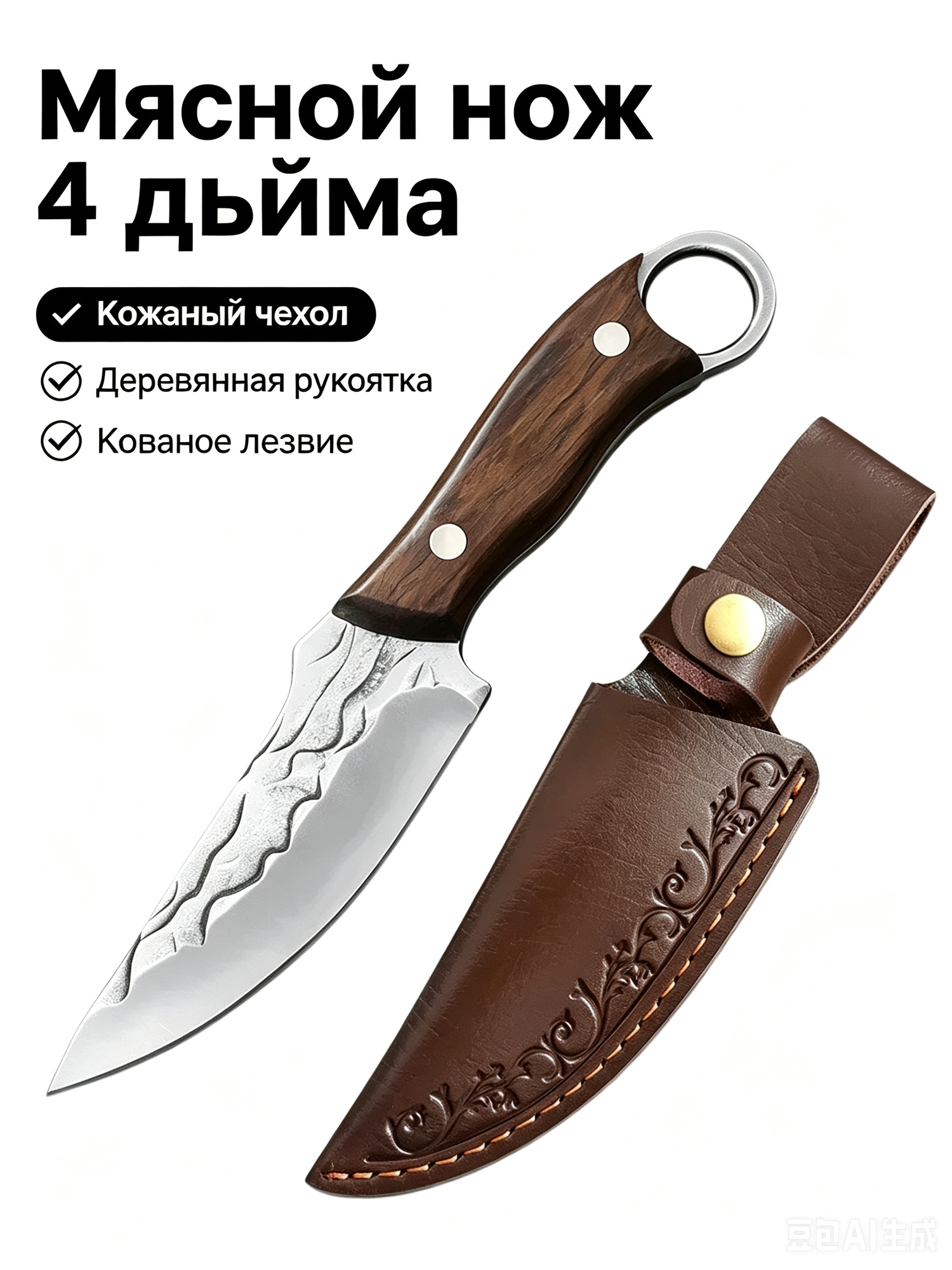 Маленький кухонный нож для разделки мяса и костей, стальной клинок, деревянная рукоять, кожаный
