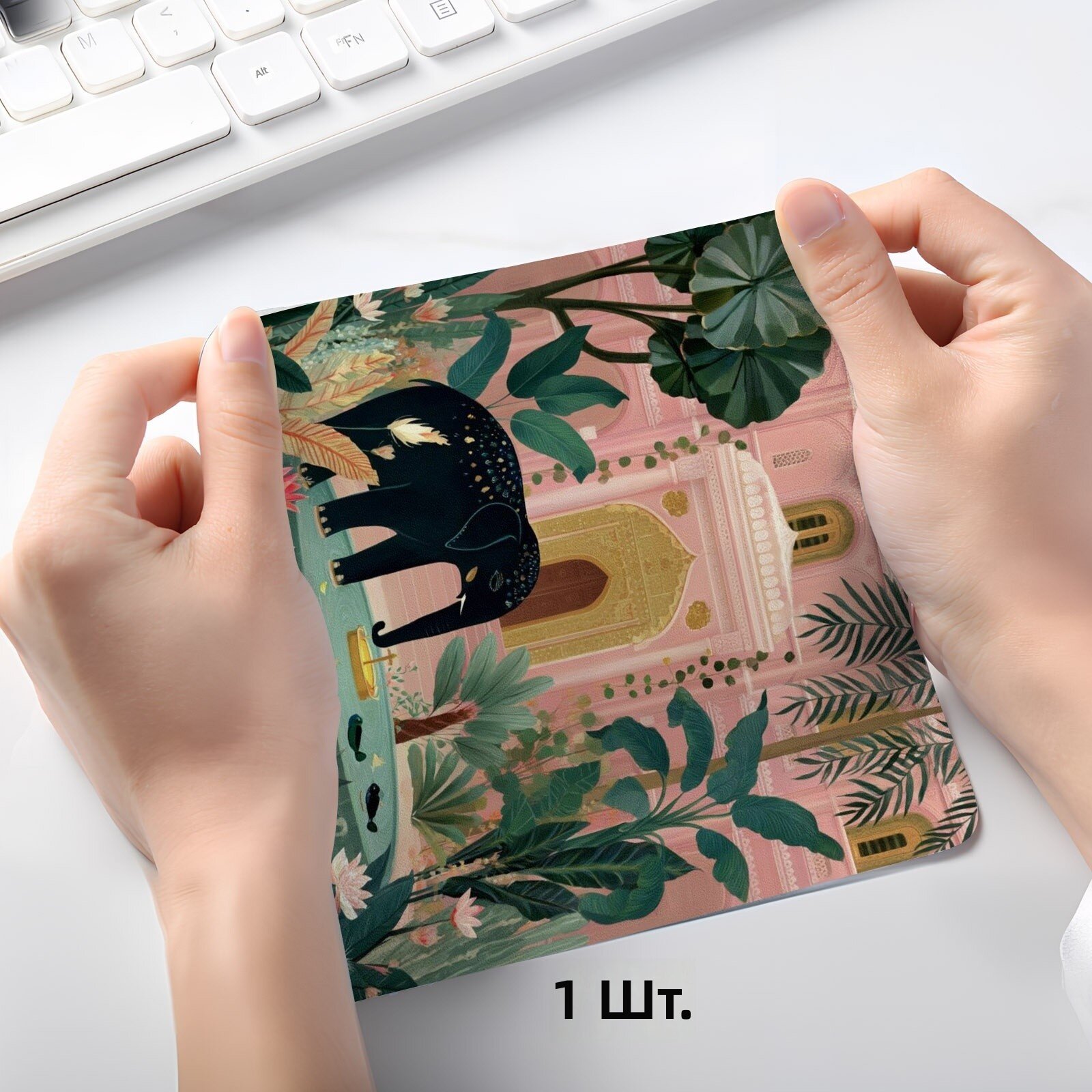 Салфетка для очистки линз из полиэстера, односторонняя, с рисунком «чёрный слон, тропический сад и орнаментальное здание», портативная, лёгкая, для фотообъективов и оптики