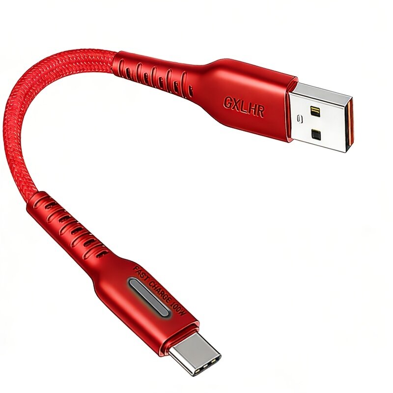 Кабель USB-A - Type-C 100W быстрая зарядка, нейлоновая оплетка, 30 см, красный, для iPhone 15/16/17, OnePlus, MacBook, Samsung S23/S22 Ultra, ноутбуков