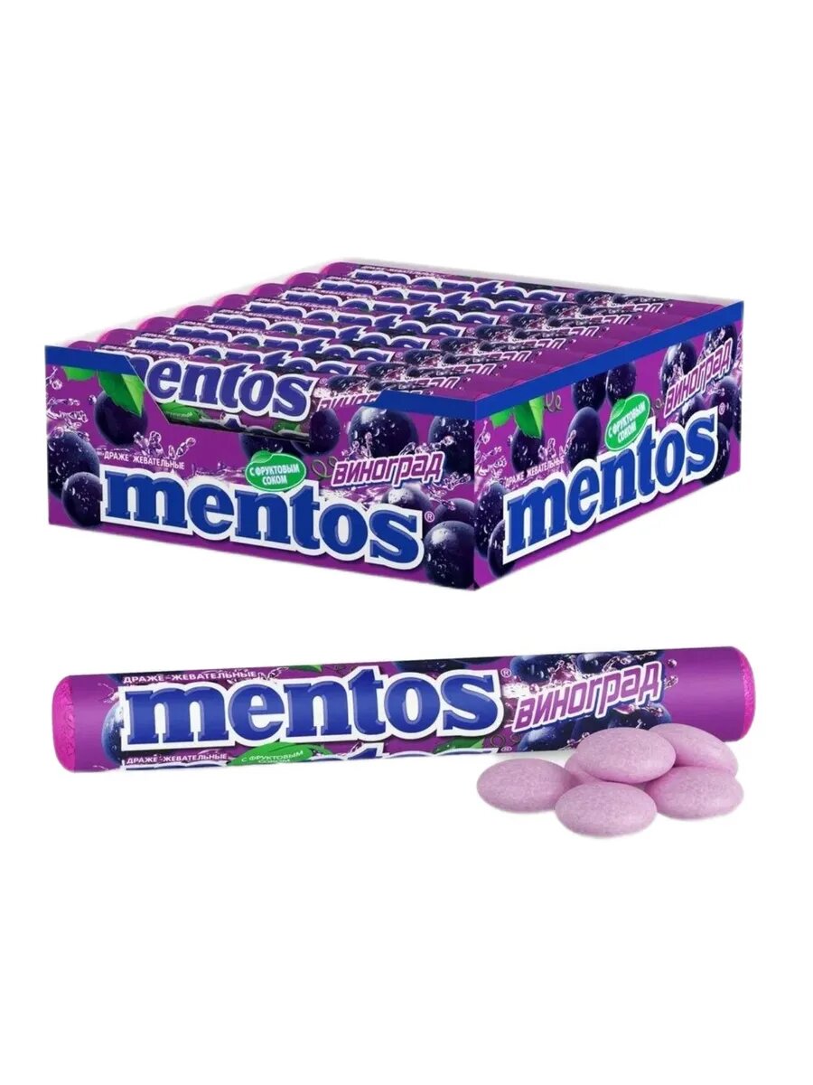 Mentos Жевательная резинка виноград, 24 шт по 15.5 г