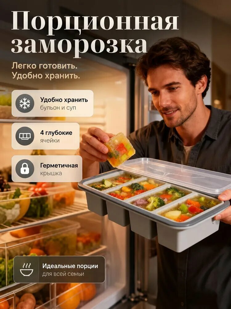 Порционный контейнер для заморозки супа и бульона с герметичной крышкой