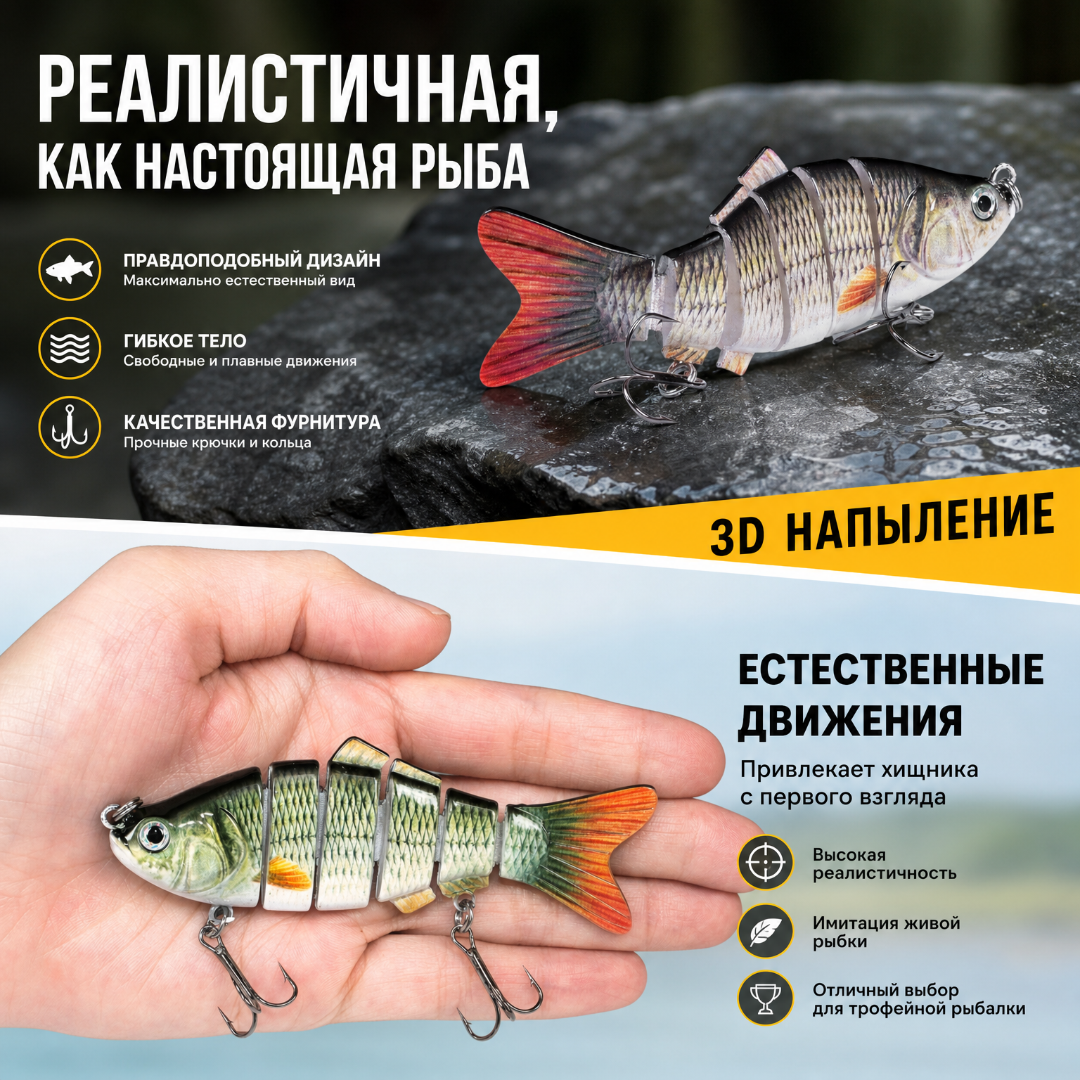 Реалистичный секционный суспендер свимбейт с 3D напылением, приманка на щуку, окуня, судака, хищника, гибкое тело, 15.3г 10см (Цвет товара: silver/orange; Длина: 100 мм)