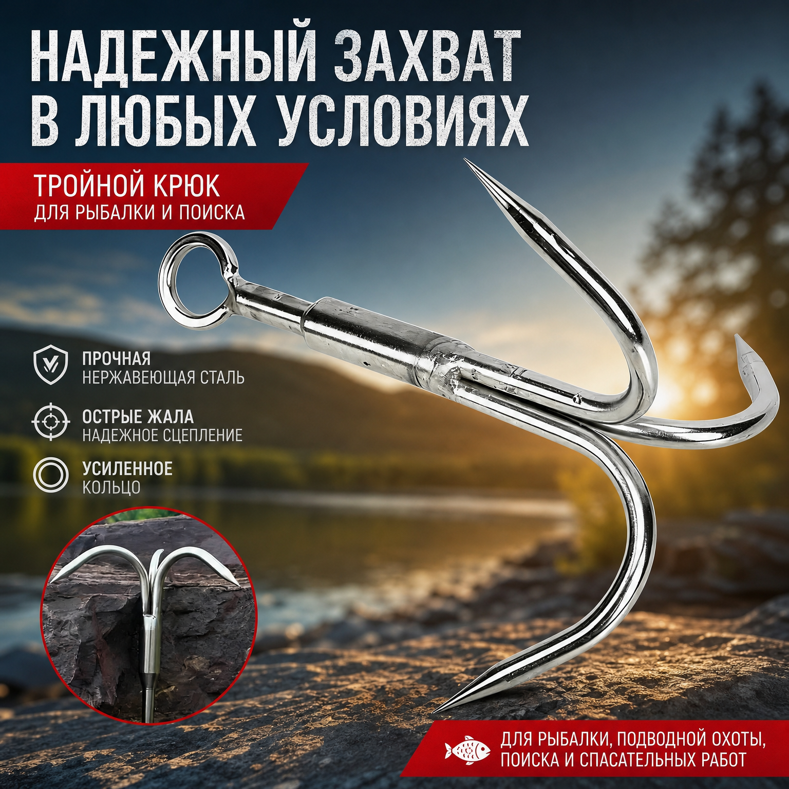 Тройной якорь-кошка из нержавеющей стали, с усилённым кольцом и острыми жалами для надёжного захвата, предназначен для рыбалки, подводной охоты, очистки дна от травы и поиска снастей (Длина: 120 мм)