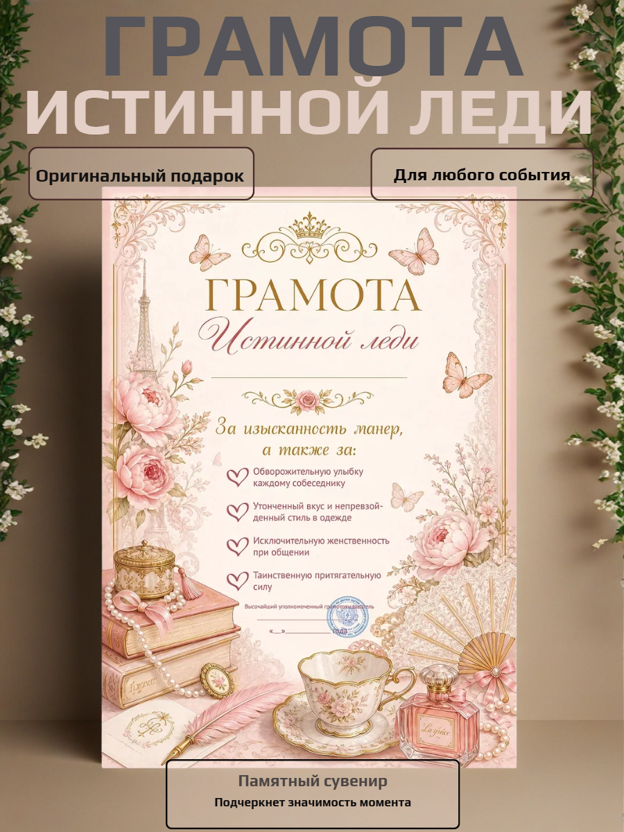 Грамота Филькина грамота "Истинная Леди", А4, универсальная, подарочная