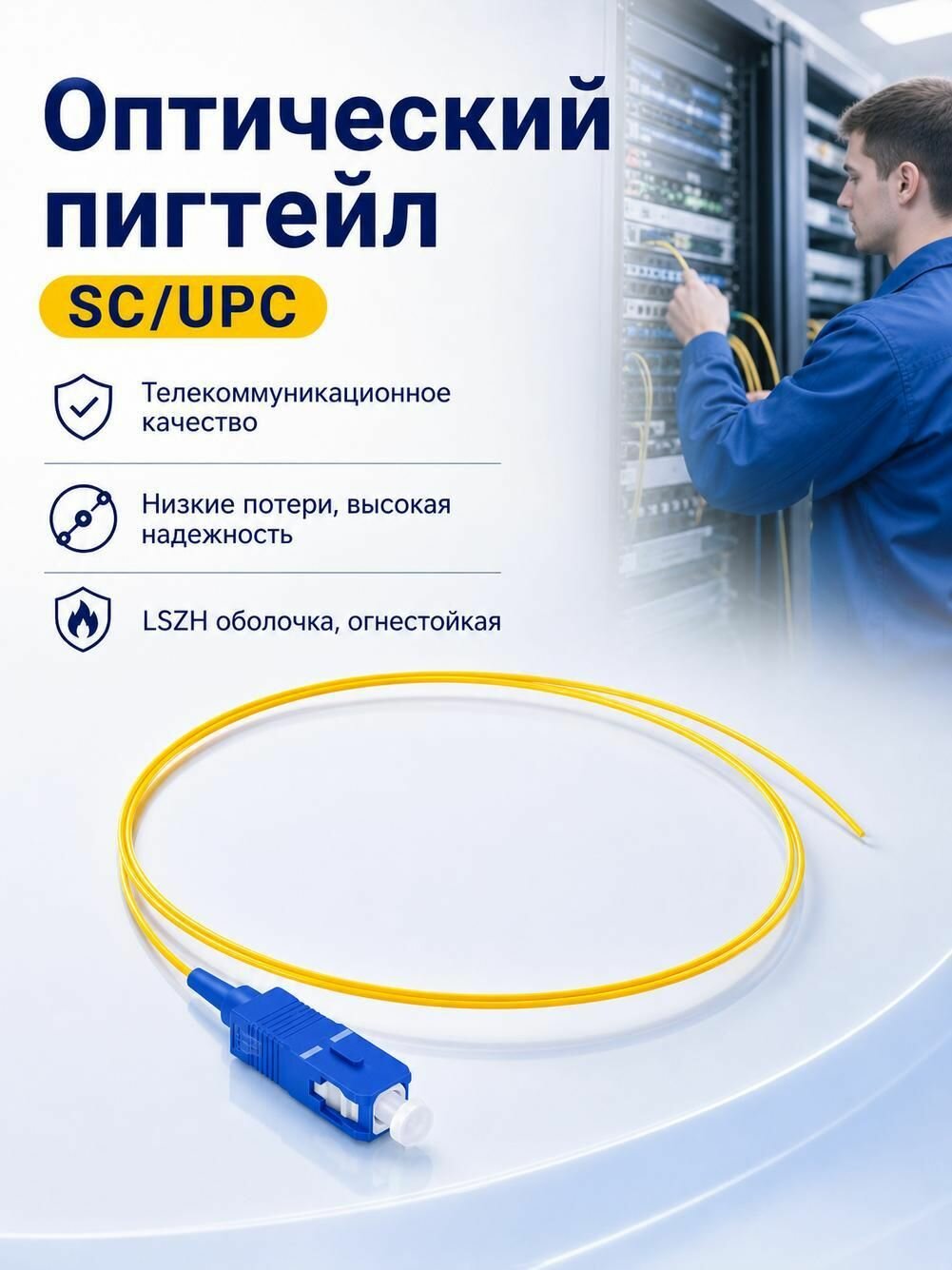 Оптоволоконный патч-корд одномодовый симплексный LC-FC APC, желтый кабель, 0.9 мм