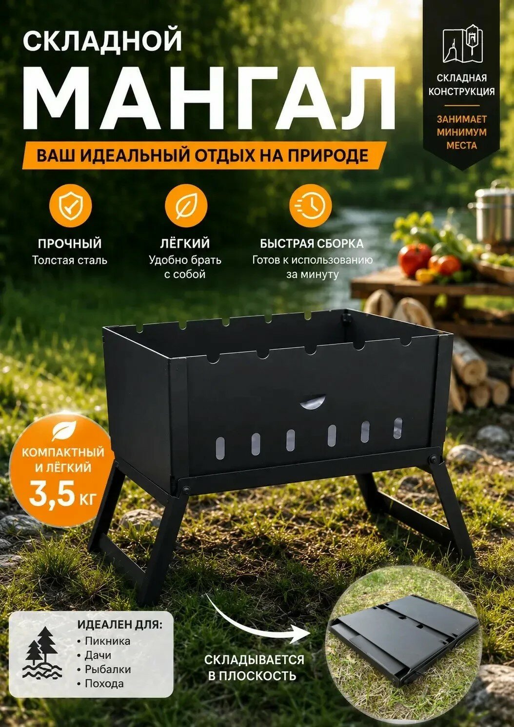 Мангал складной, компактный, из металла от бренда «Резка Металла»