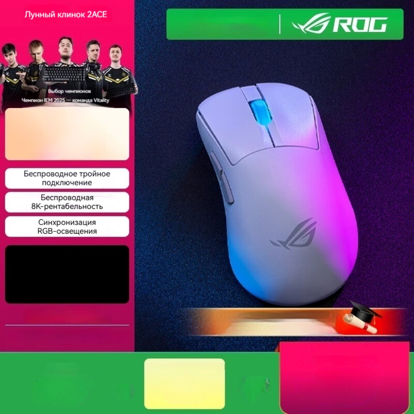 ROG Moon Blade 2 ACE Игровая мышь с трехрежимным подключением, проводная / 2,4 G / Bluetooth, 42000 точек на дюйм, 8K