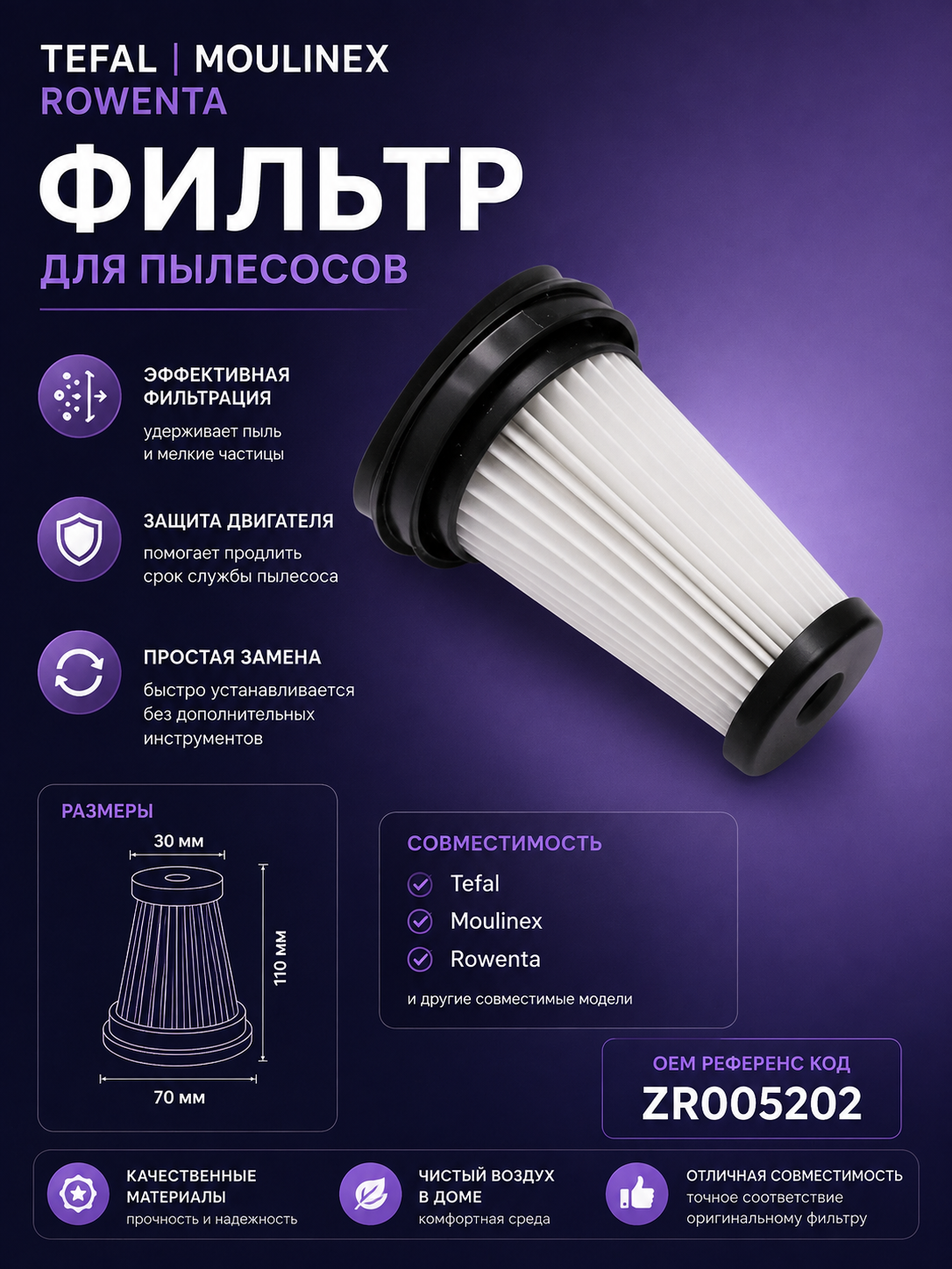Фильтр HEPA для вертикального пылесоса Tefal ZR005202 BRUNER (MPVC-ZR05)