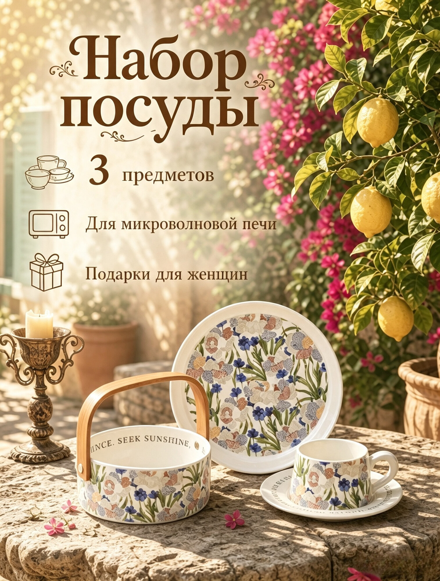 Набор керамической посуды 3 предмета, белый фон цветочный принт, подарок для женщин, для микроволновки