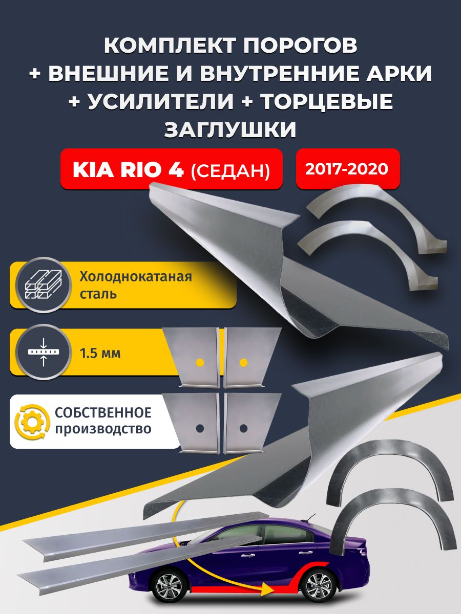 Комплект ремонтных задних внешних и внутренних арок (0,8 мм) + комплект порогов + 4 торцевые заглушки + усилители, на KIA RIO 4 2017-2020 седан (КИА РИО 4) Холоднокатаная сталь 1.5 мм
