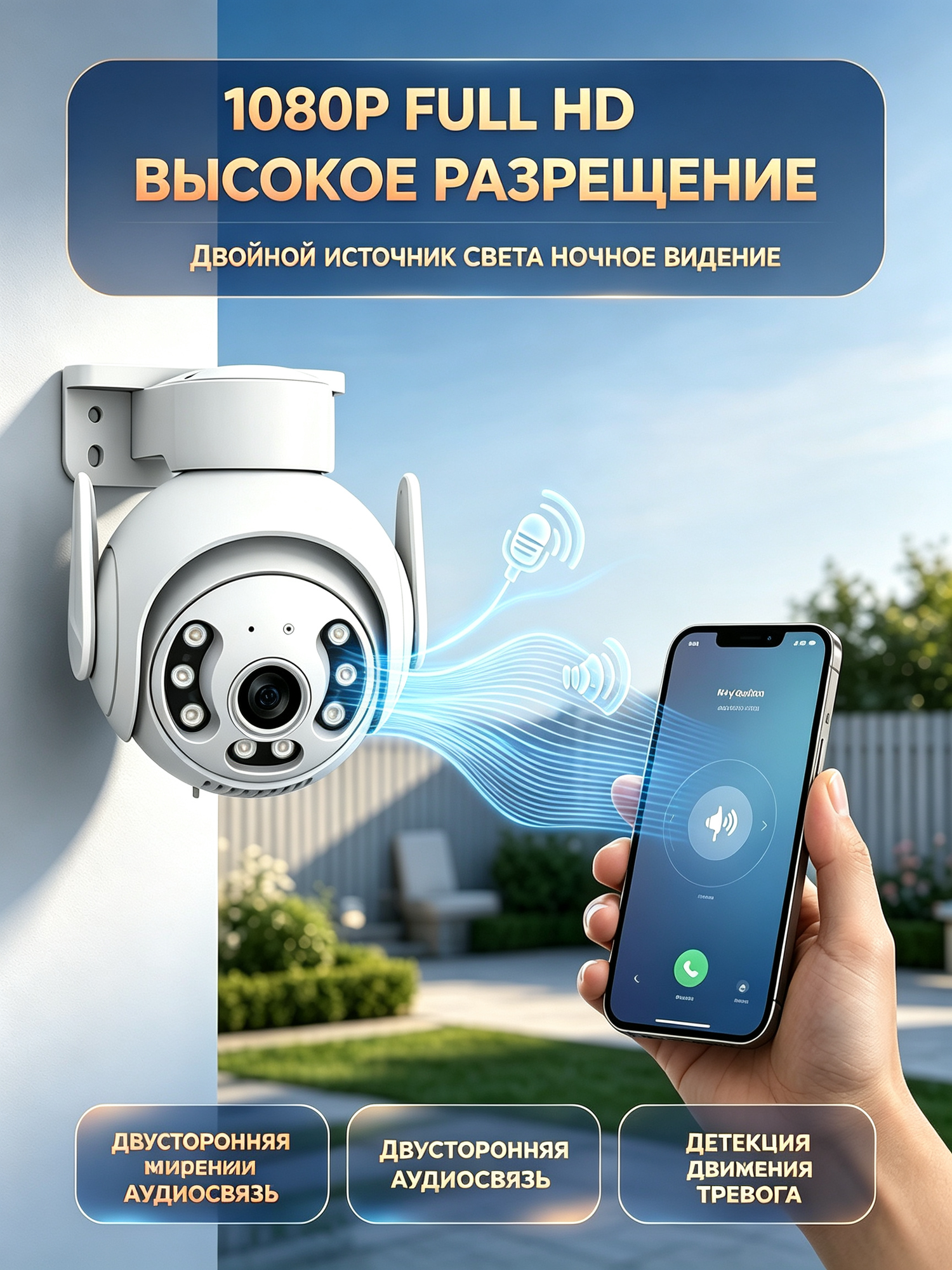Уличная WiFi камера видеонаблюдения 1080P Full HD, поворотная, двусторонняя аудиосвязь, ночное видение для дома
