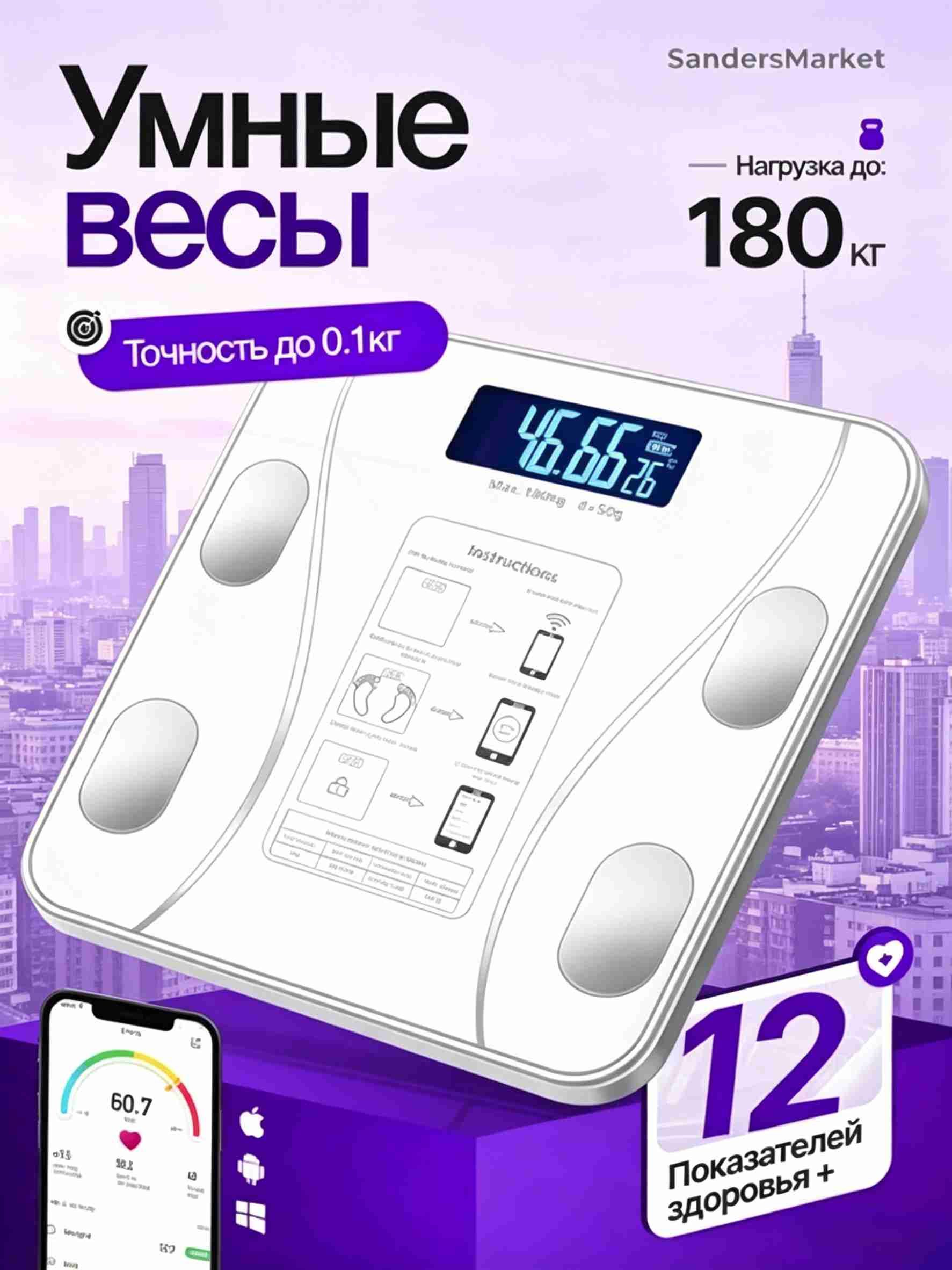 Напольные весы, нагрузка 185 кг, точность 100 г