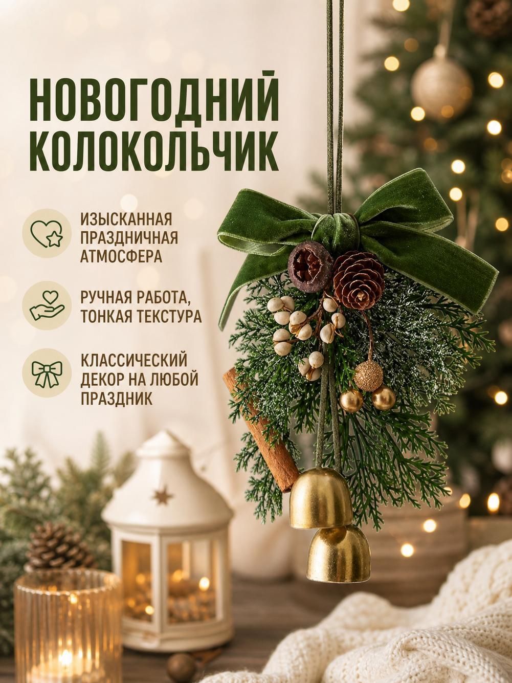 Елочное украшение с бархатным бантом и колокольчиками, зеленое, 25 см