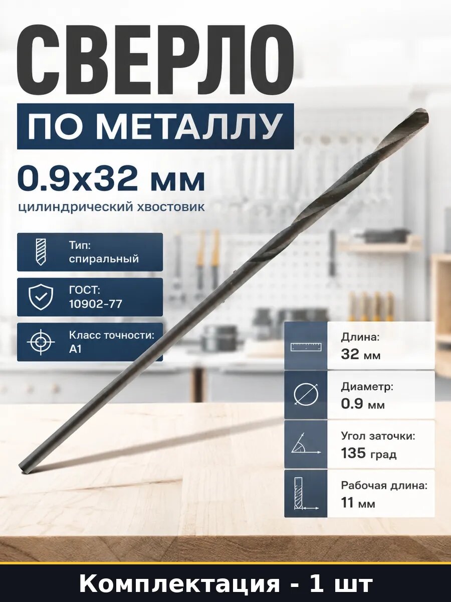 Сверло по металлу 0.9х32 мм цилиндрический хвостовик
