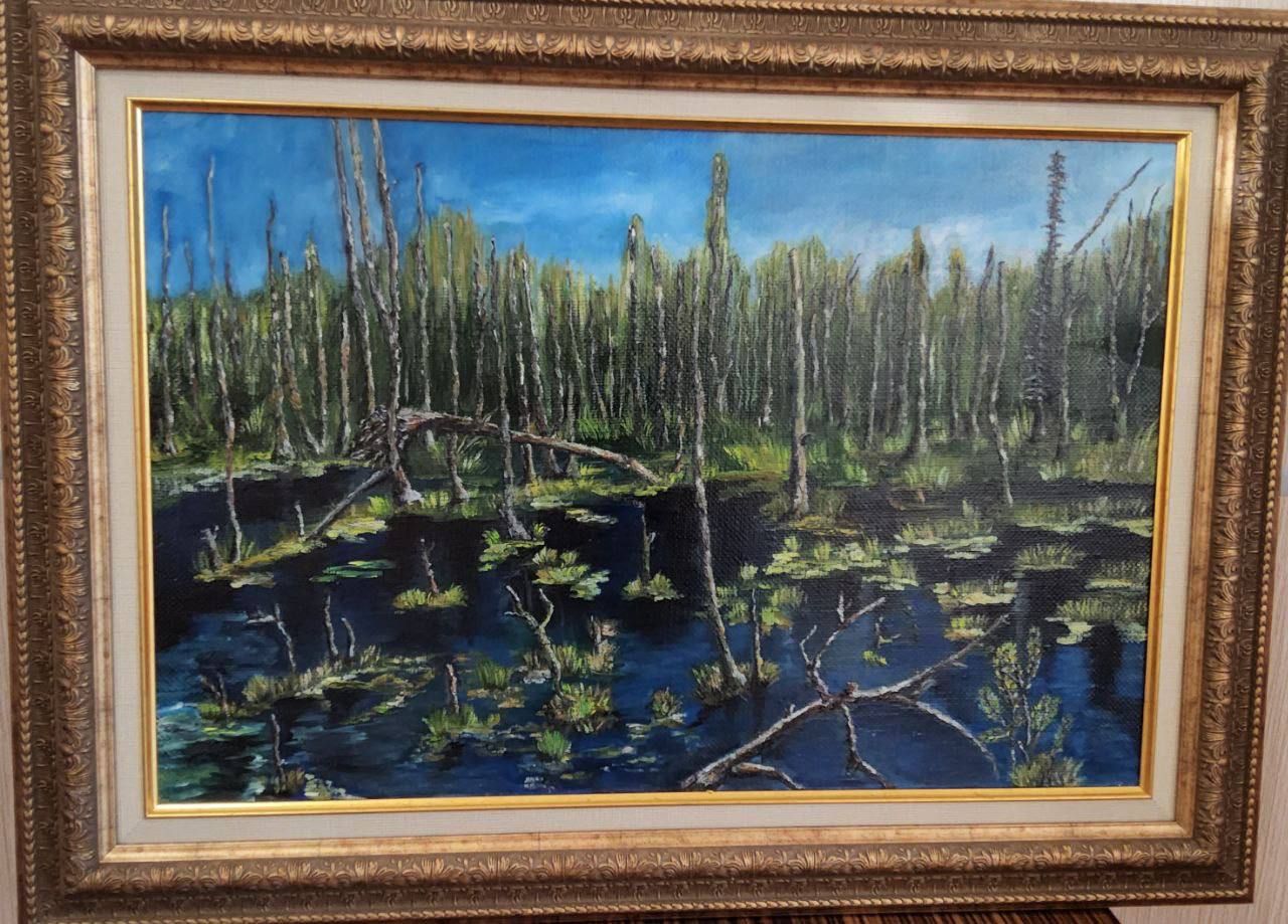 Картина в раме. Миляева Нина "Лесная топь", холст, масло, 60x80. Авторская живопись.