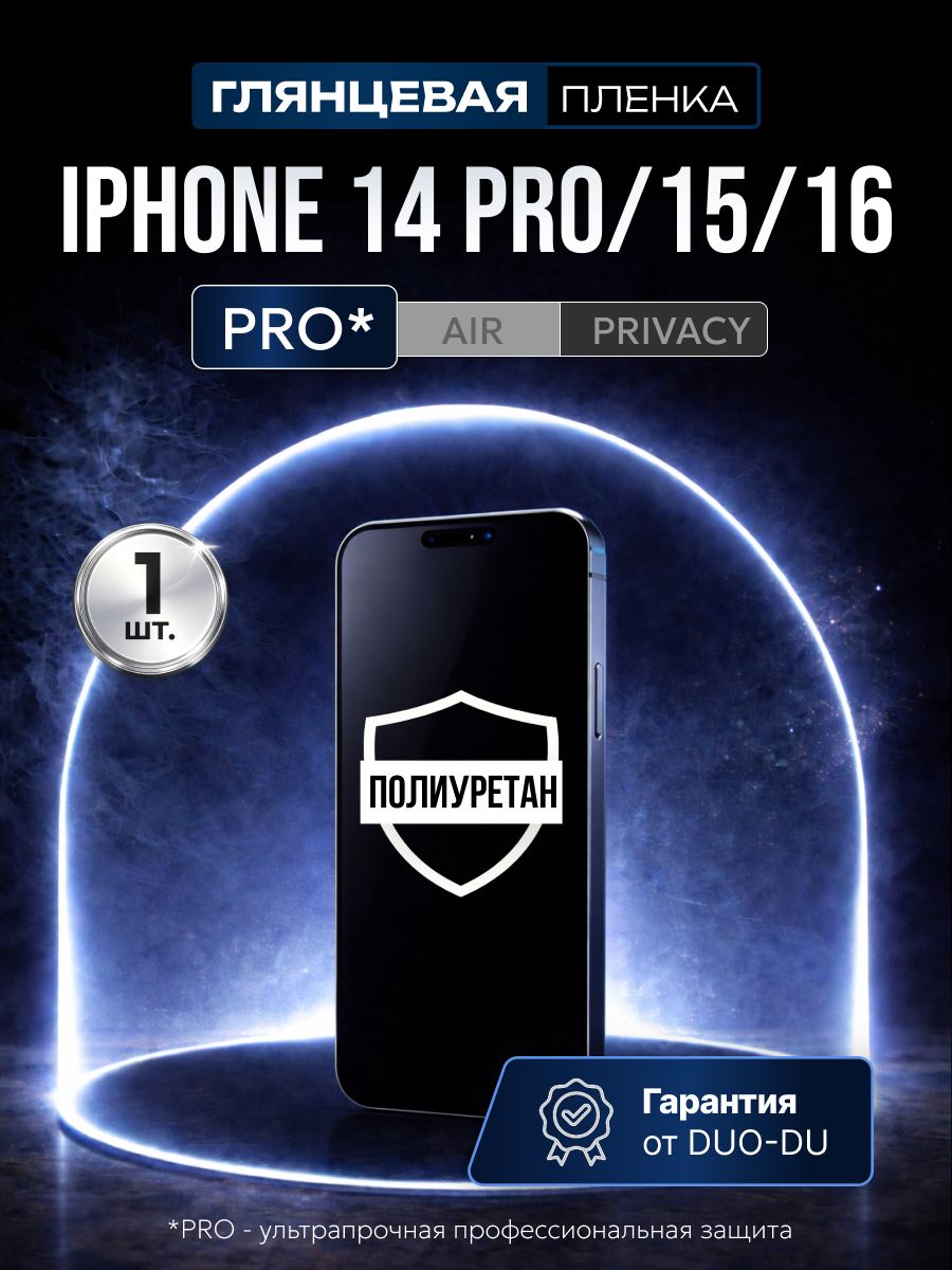 Полиуретановая защитная пленка на Apple iPhone 14 Pro (Эппл Айфон 14 Про), iPhone 15 (Айфон 15), iPhone 16 (Айфон 16), 1шт Глянцевая