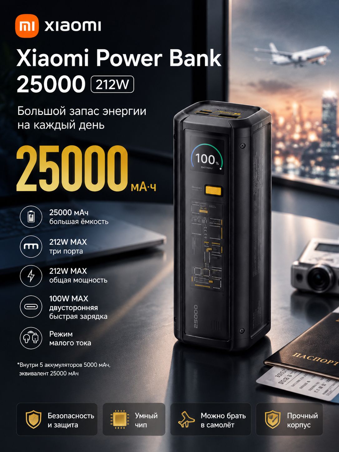 Xiaomi Внешний аккумулятор, 25000 мАч, 89 Вт, черный матовый