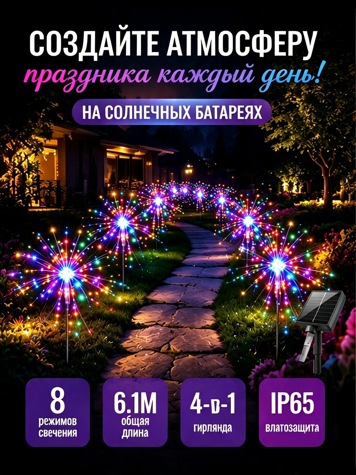 Светильник садовый на солнечной батарее уличный 4 в 1 8 сказочных режимов красочные многоцветные гирлянды для украшения улицы, идеально подходят для Рамадана, Рождества и Хэллоуина