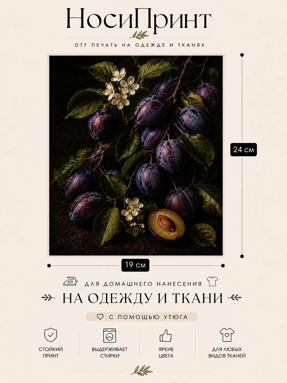 Термонаклейка для одежды / Термотрансфер 24х19см Сливы НосиПринт Bloom