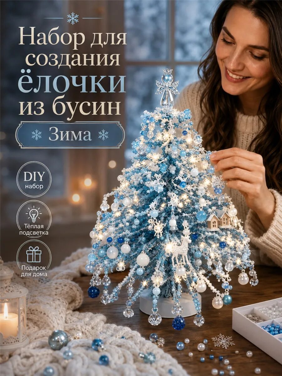 Елка из бусин и бисера DIY с подсветкой
