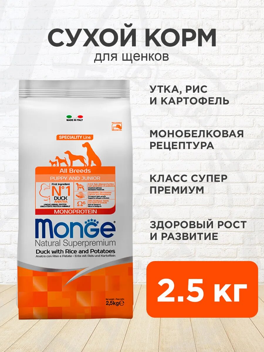 Корм сухой Monge Speciality Monoprotein Puppy & Junior Duck монобелковый для щенков всех пород, утка, рис, 2,5 кг