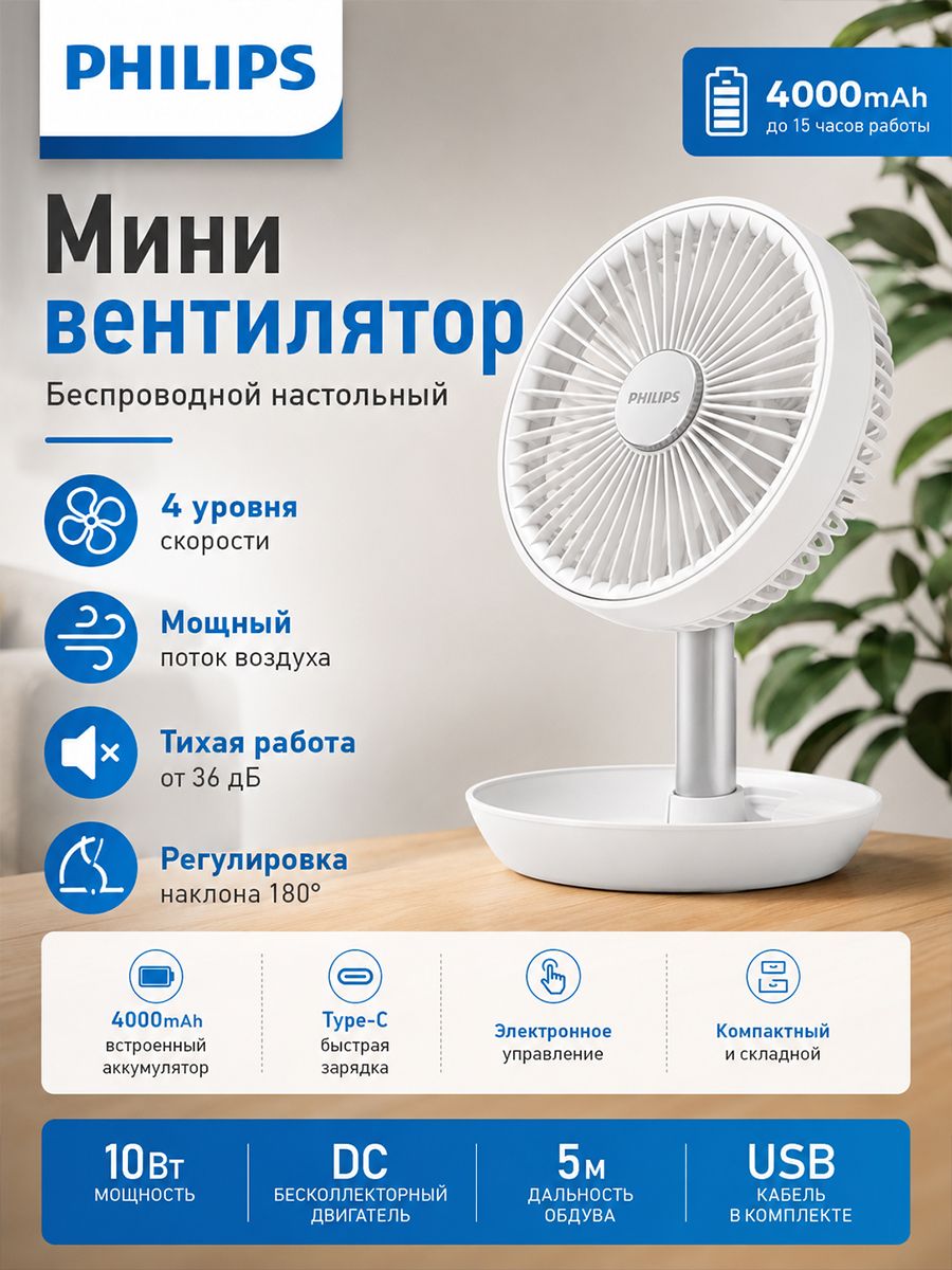 Philips Настольный вентилятор PHPACR-2124-W, белый