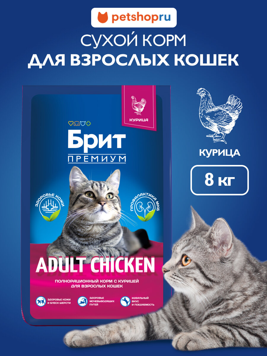 Сухой корм премиум класса с курицей для взрослых кошек