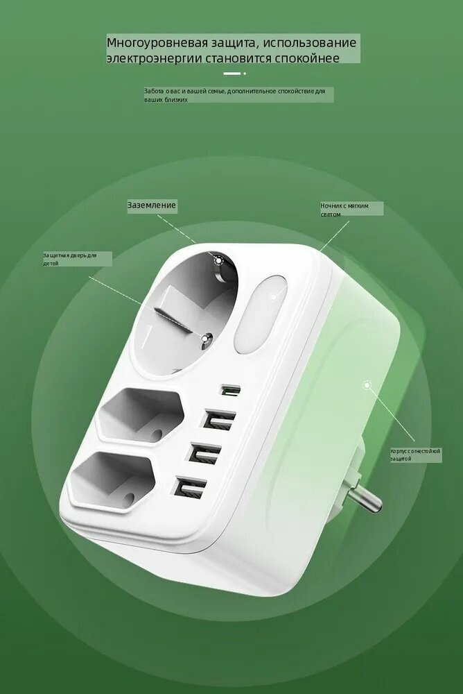 HITRENDS Умная розетка с ночником, 3 USB и Type-C, выключатель, европейский стандарт (белая, 1 круглая + 2 плоских)