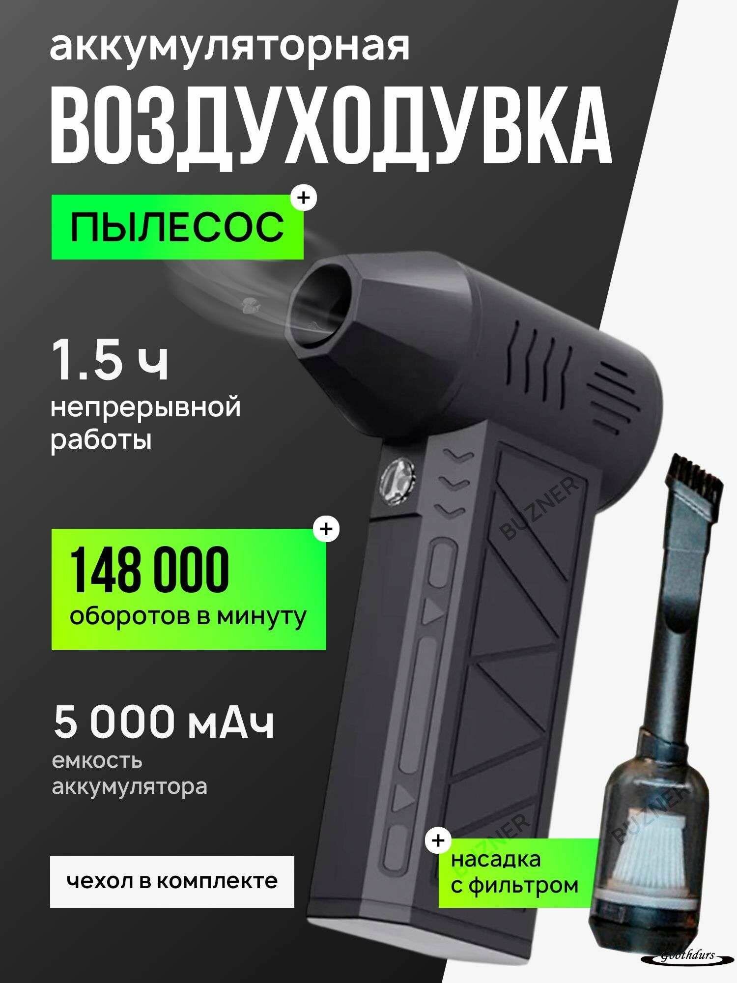 Воздуходувка аккумуляторная/ компрессор воздушный/ турбовентилятор 90000 об/МИН, турбо вентилятор 5000 мАч
