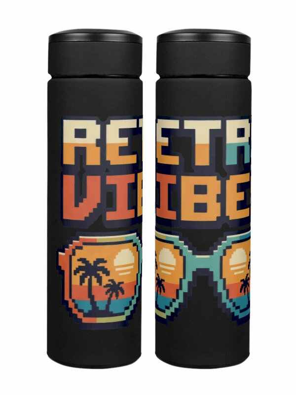Термос «Retro vibe, ретро очки с пальмами на закате» (черный)