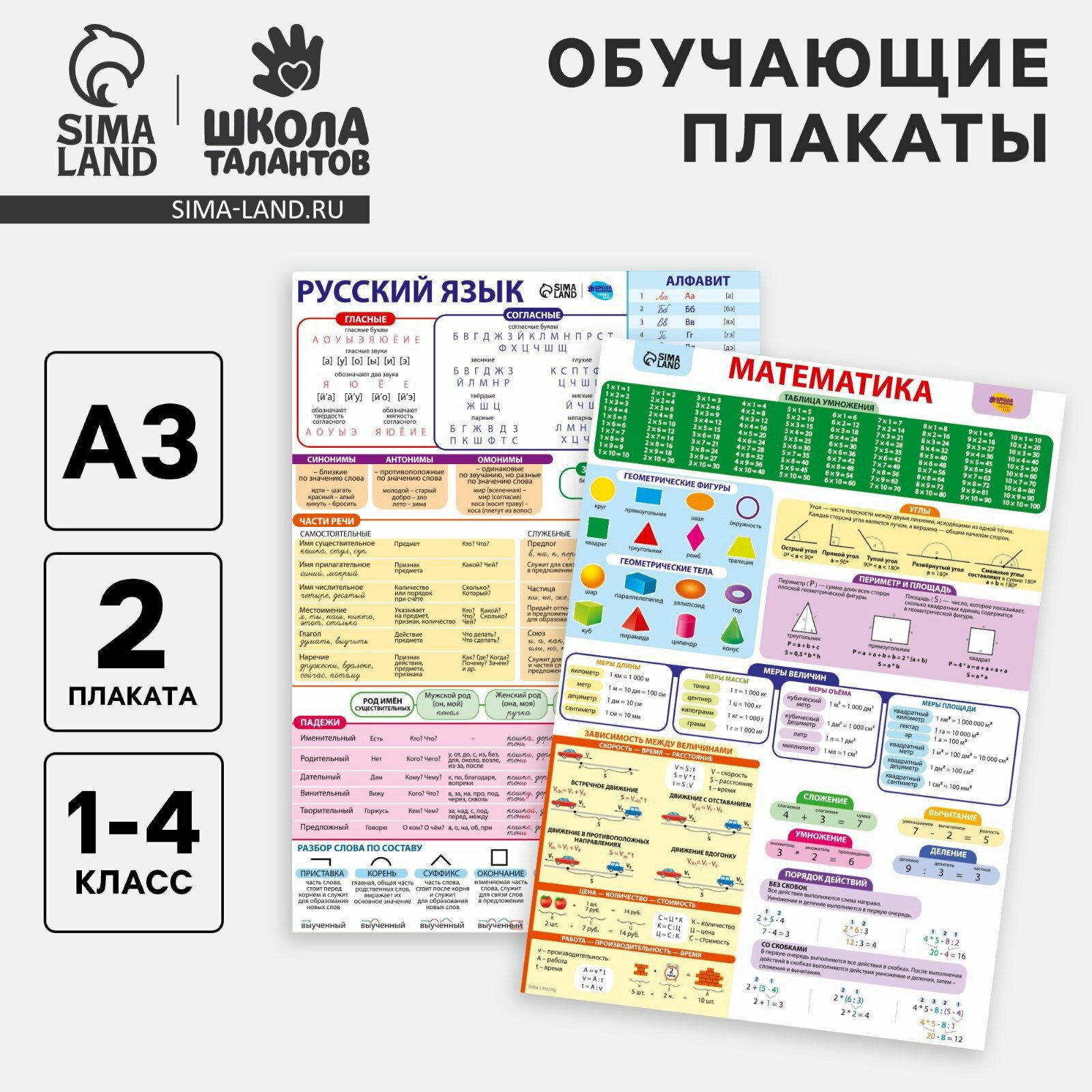 Набор обучающих плакатов "Русский язык и математика 1-4 класс" 2 в 1, А3