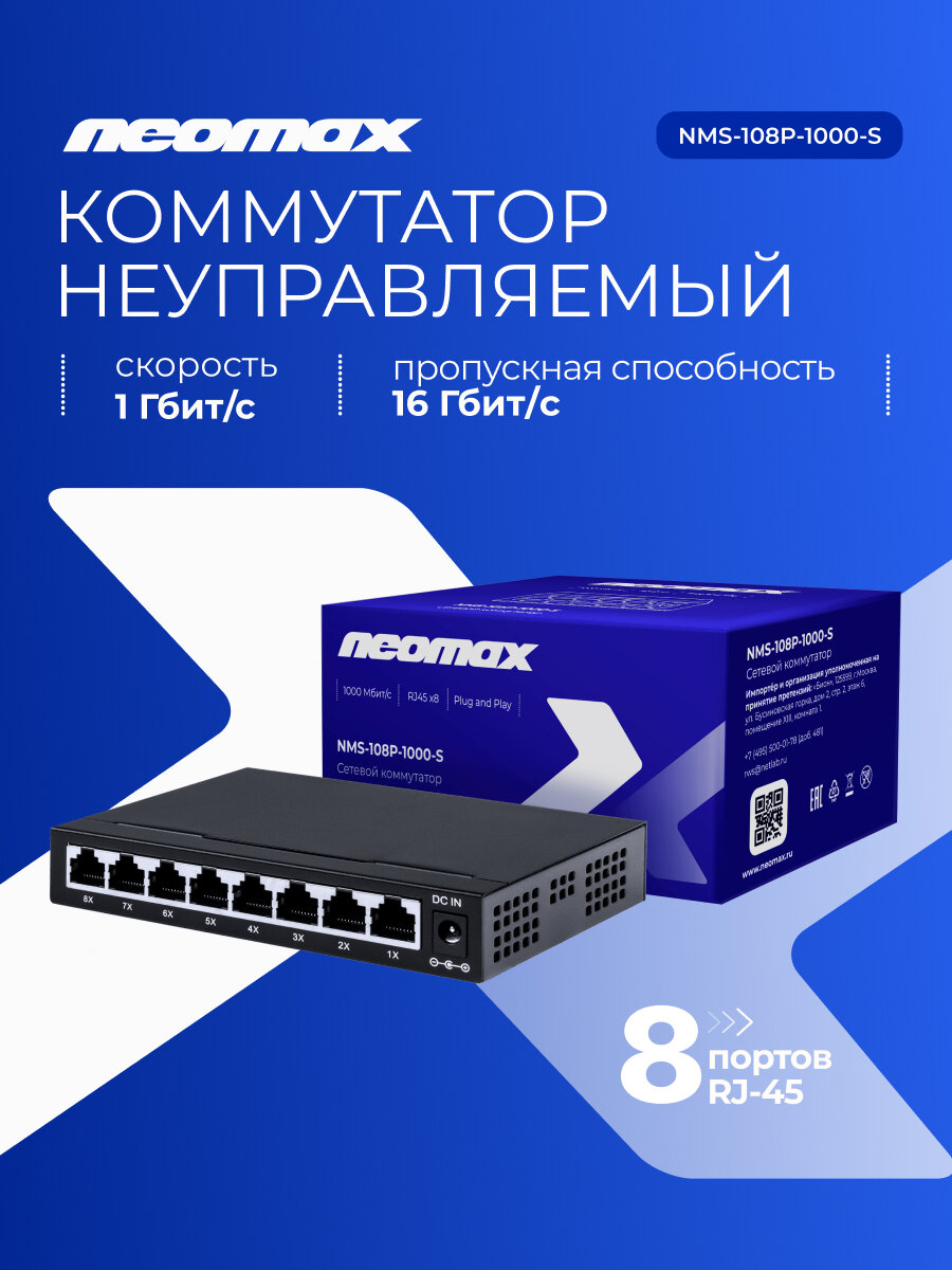 Коммутатор NMS-108P-1000-S NEOMAX Неуправляемый 8 портов 1000 Мбит/сек