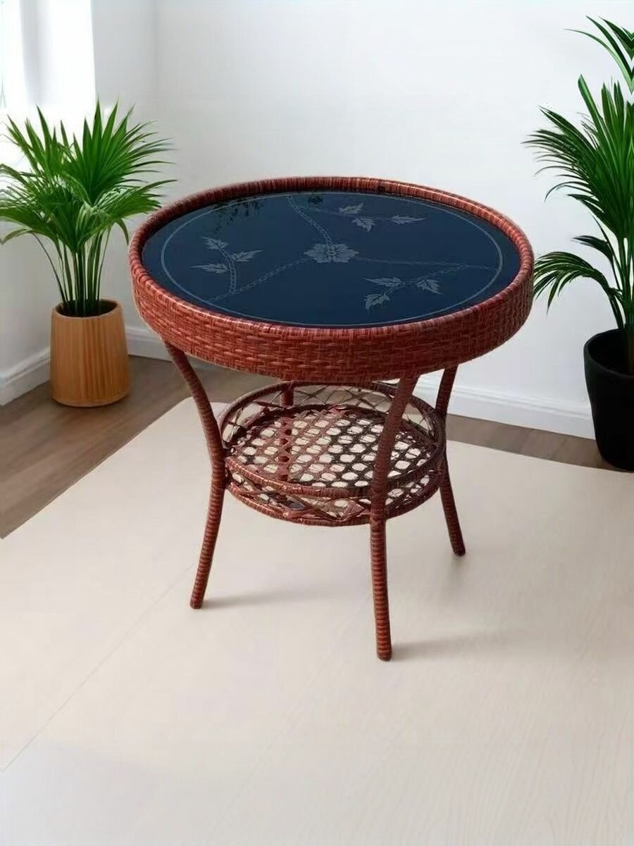 Круглый столик 60×60×60 см из закалённого стекла и искусственного ротанга — для балкона, сада, спальни — для чая