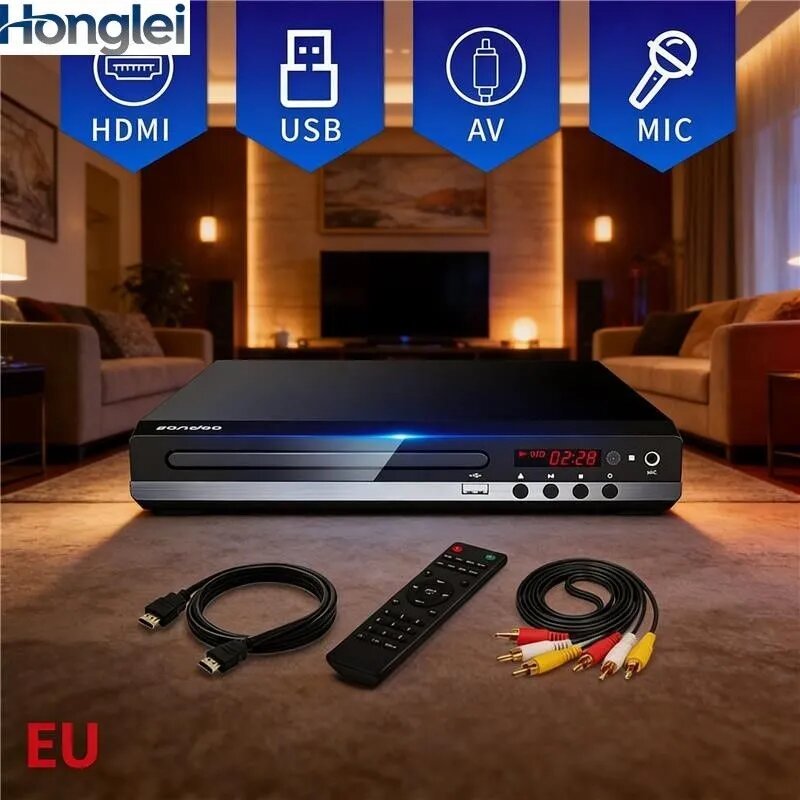 Новый Домашний HD DVD видеоплеер-GLZ33 с HDMI, USB, AV и MIC, для дома