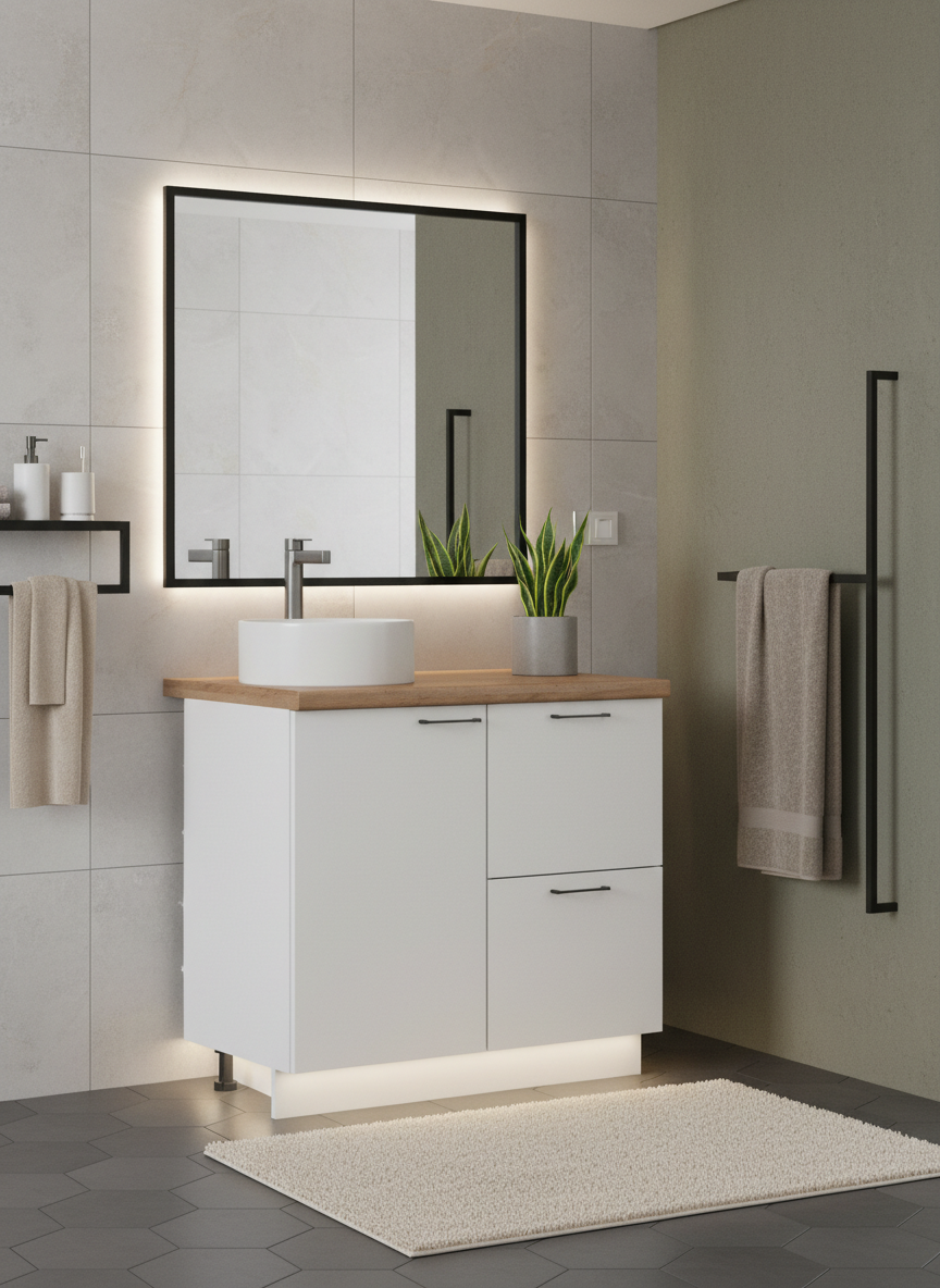 Тумба для ванной напольная 90см Белый софт матовый/Белый гладкий (со столешницей)