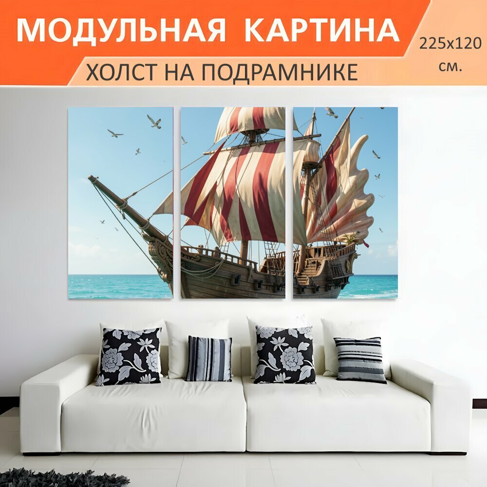 Модульная картина на холсте "Парусный корабль в открытом море. Морское приключение в стиле реалистичной 3D-иллюстрации: деревянный." триптих на подрамнике 225х120 см. для интерьера