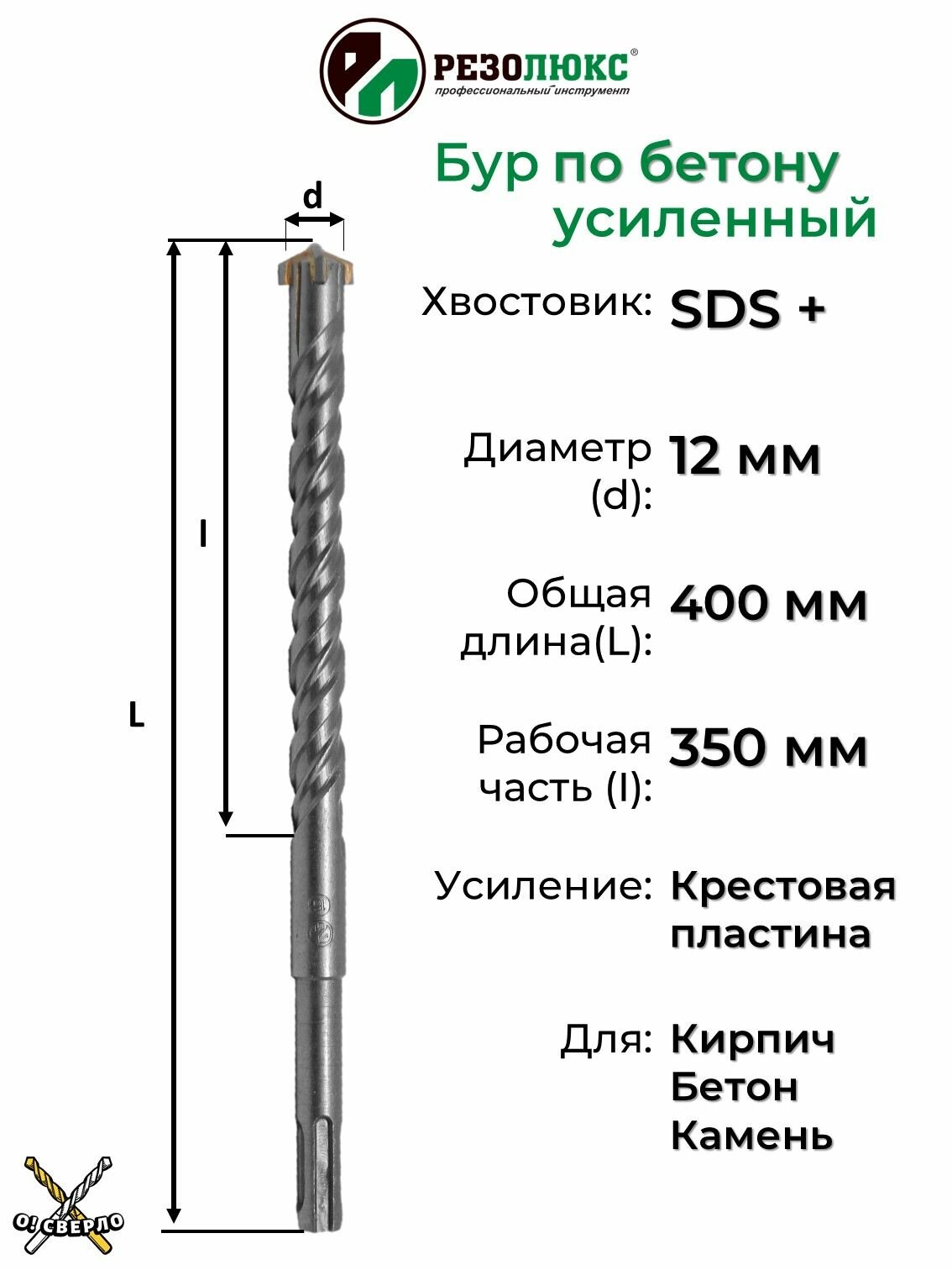 Бур по бетону d 12 L 400 SDS+ усиленный для перфораторов и ударных дрелей резолюкс