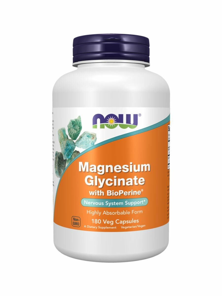 NOW Magnesium Glycinate with Bioperine, Магний глицинат с биоперином, 180 капсул для мышц и нервов
