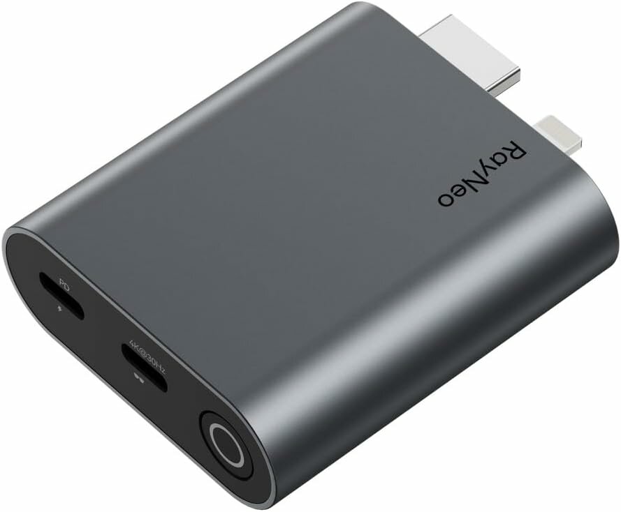 Адаптер HDMI RayNeo для iPhone 14 и более ранних моделей с устройствами Lightning/HDMI, с встроенной батарейкой и функцией "зарядка и воспроизведение", поддерживает видео 1080P@120Гц, 4K@30Гц.