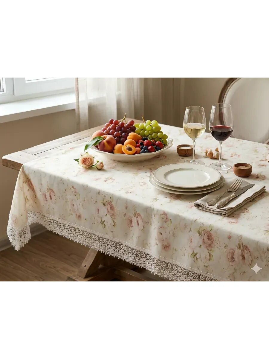 Скатерть жаккардовая на стол с кружевами 120/150