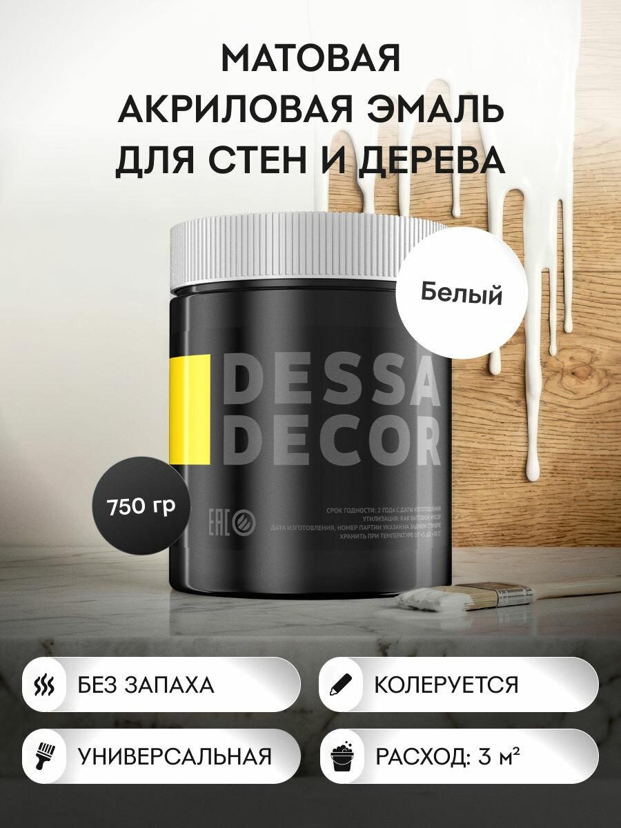 Матовая акриловая водоэмульсионная краска для стен, потолков, дерева, мебели, моющаяся, белая 0,75 кг