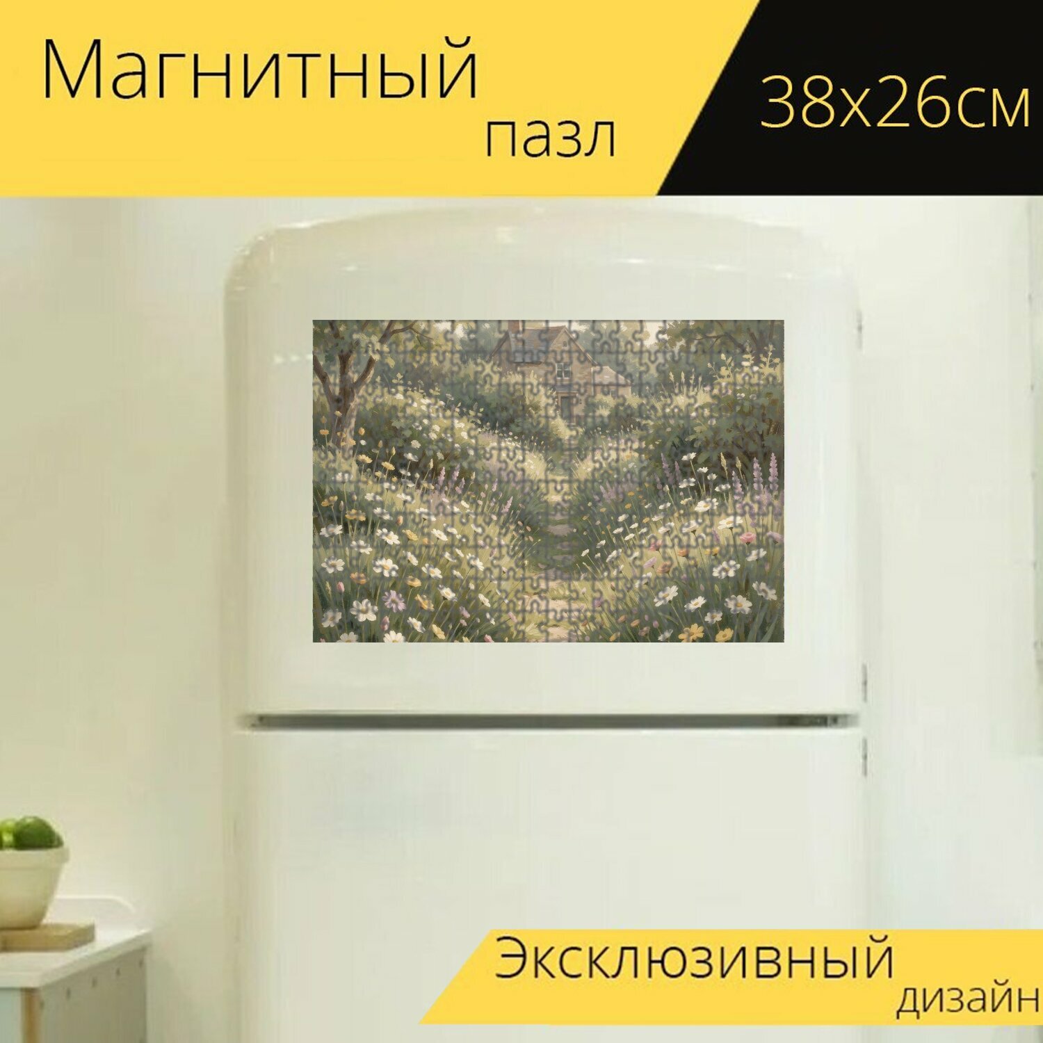 Магнитный пазл "Дом в цветущем саду. Уютный сельский пейзаж в мягкой пастельной гамме: каменный дом среди густой зелени, тропинка к входу, полевые ромашки и." для интерьера, 38х26 см.