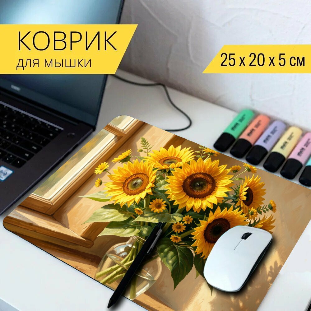 Коврик для мыши с принтом "Подсолнухи в стеклянной вазе. Яркий натюрморт с солнечными цветами у окна, тёплые жёлто-зелёные оттенки, мягкий свет, уютная летняя атмосфера." 25x20см.