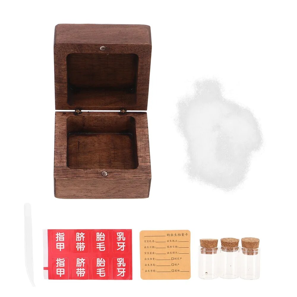 Деревянная коробка для хранения пуповины и волос новорождённого с стеклянными бутылочками, кофейного цвета