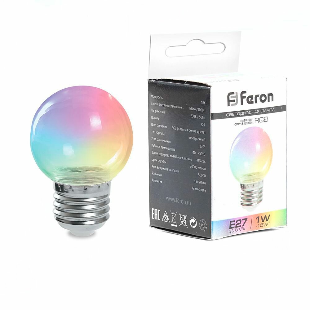 Лампа светодиодная E27 1 Вт G45 шар RGB Feron LB-37 38132