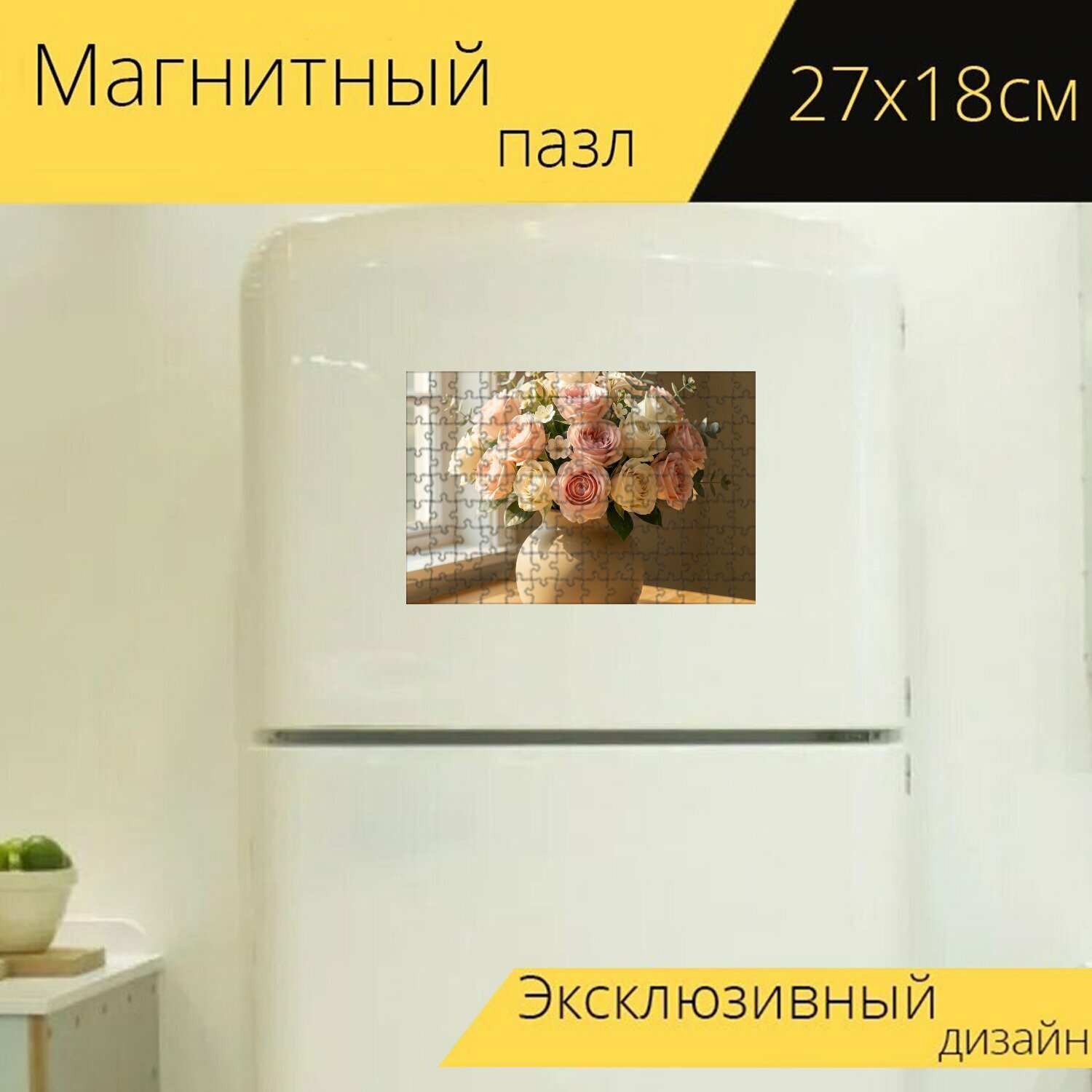 Магнитный пазл "Нежные розы в вазе. Пастельный букет кремовых и пудрово-розовых цветов с эвкалиптом в светлой керамике на деревянном столе у окна." на холодильник 27 x 18 см.