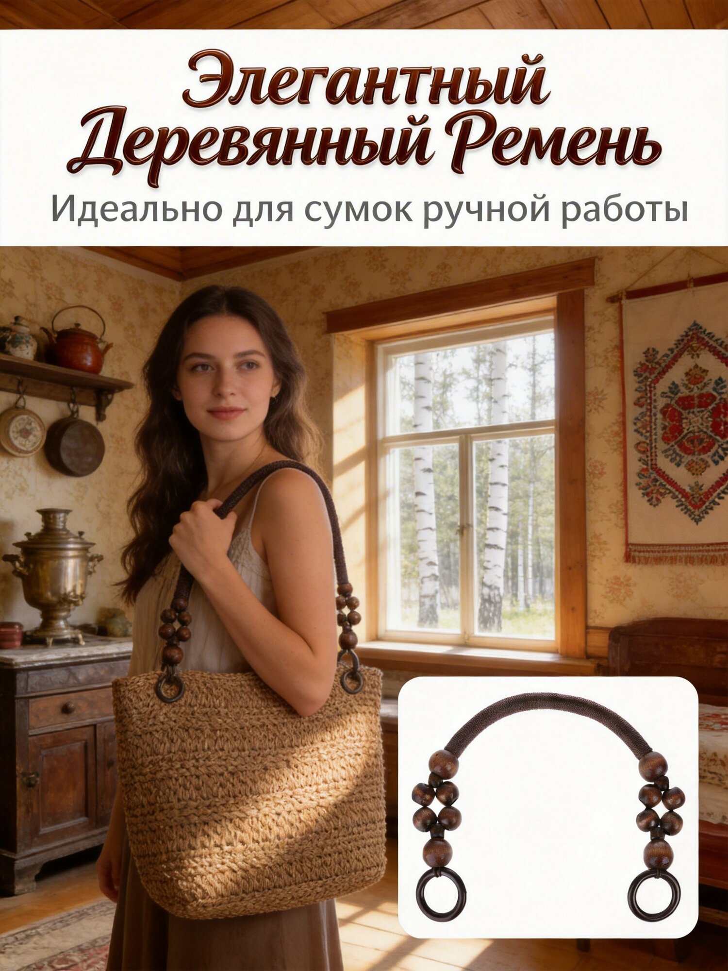 Деревянный бисерный плечевой ремень для самодельных сумок, ручка из дерева и пластика длина 46 см цвета дерево кофейный черный