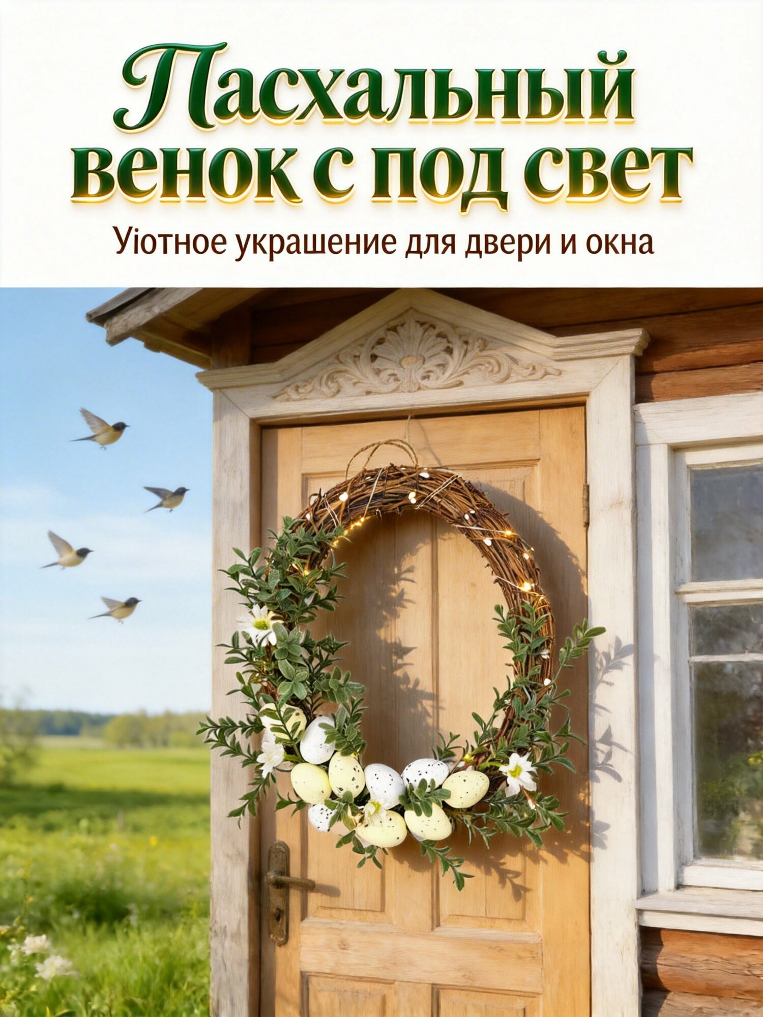 Пасхальный венок с подсветкой, тёплый белый свет и компактный размер 30x25x6 см для двери, окна и домашнего декора